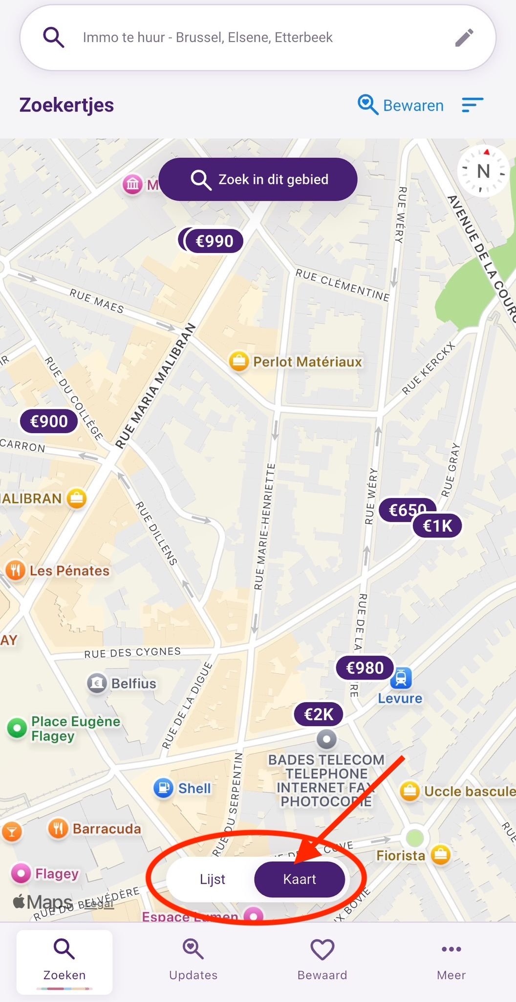 App. : Hoe kan ik een pand op de kaart zoeken?